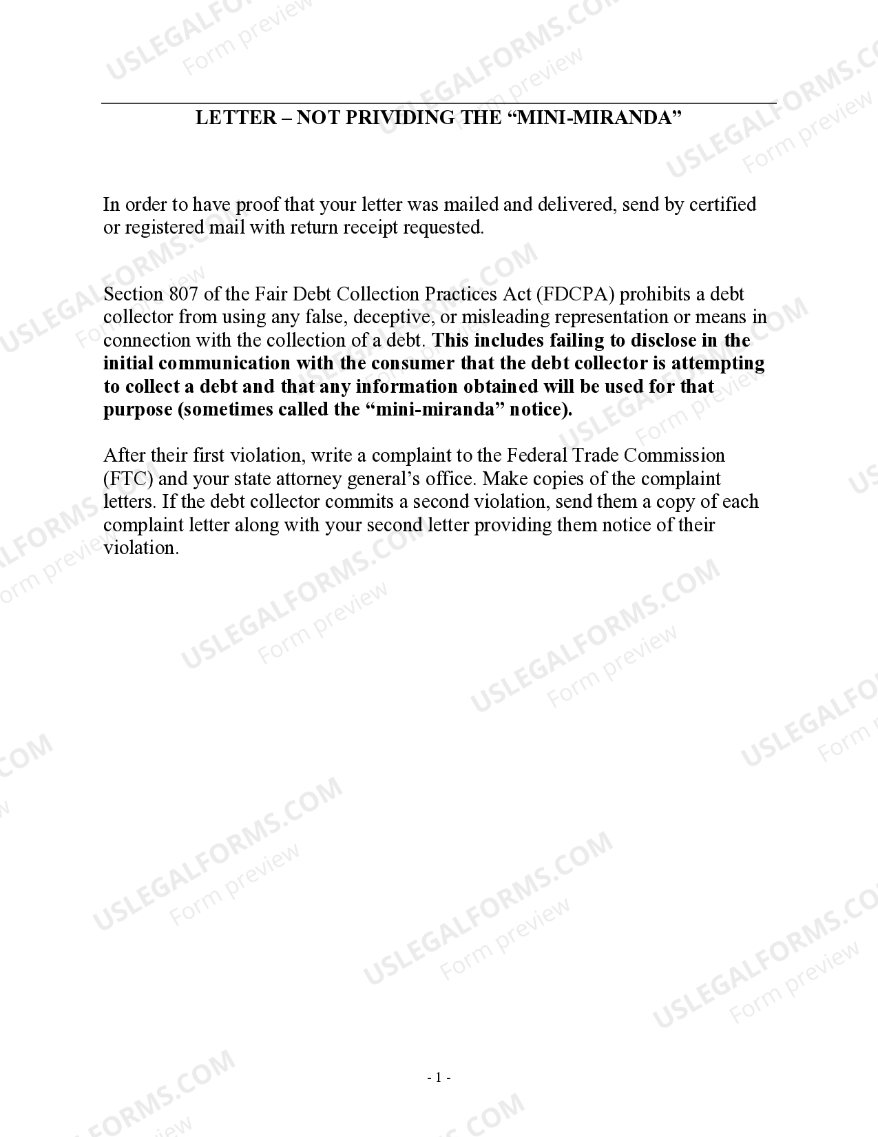 Notice to Debt Collector - Failure to Provide Mini-Miranda | US Legal Forms