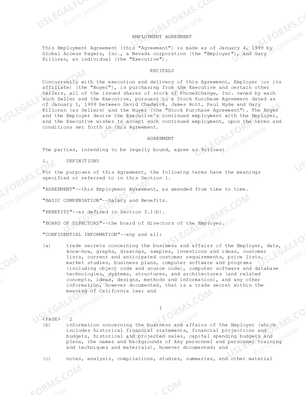 Sample Executive Employment Agreement for Global Access Pagers, Inc ...