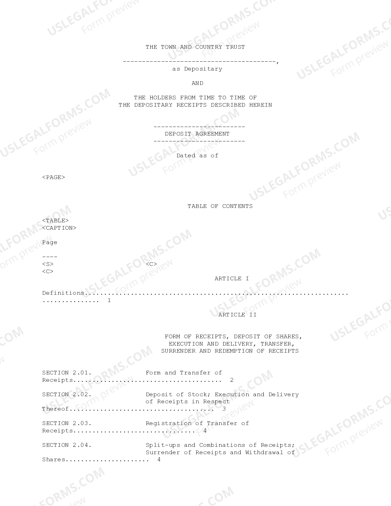 Deposit Agreement Form | US Legal Forms