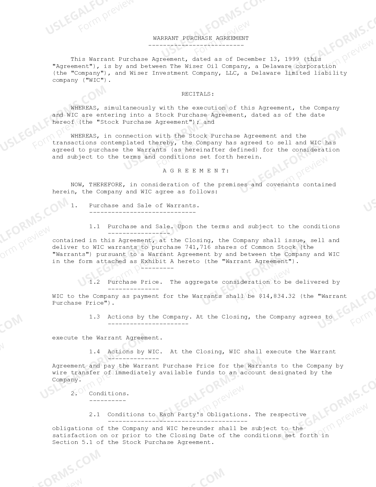 Sample Warrant Purchase Agreement between The Wiser Oil Company and ...