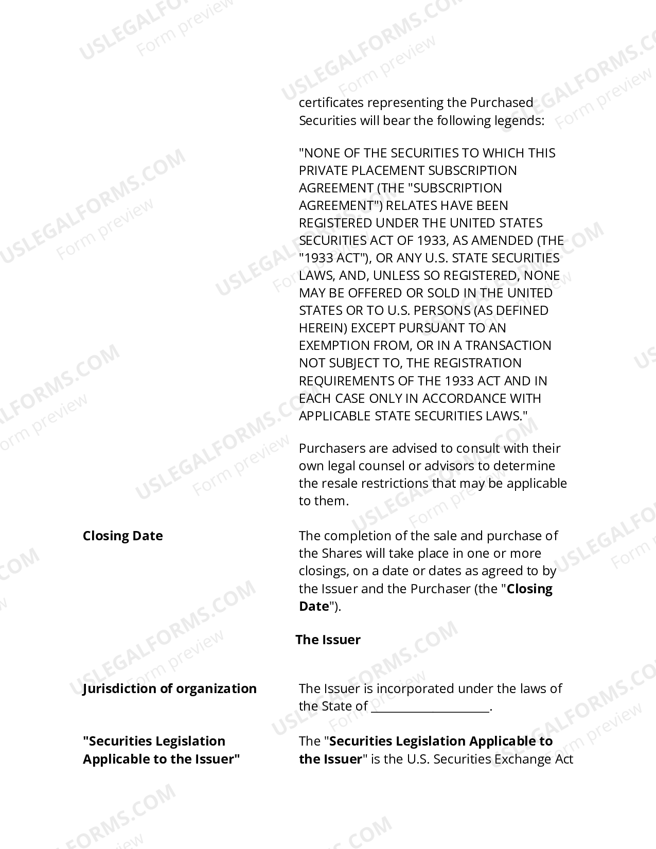 Private Placement Subscription Agreement | US Legal Forms