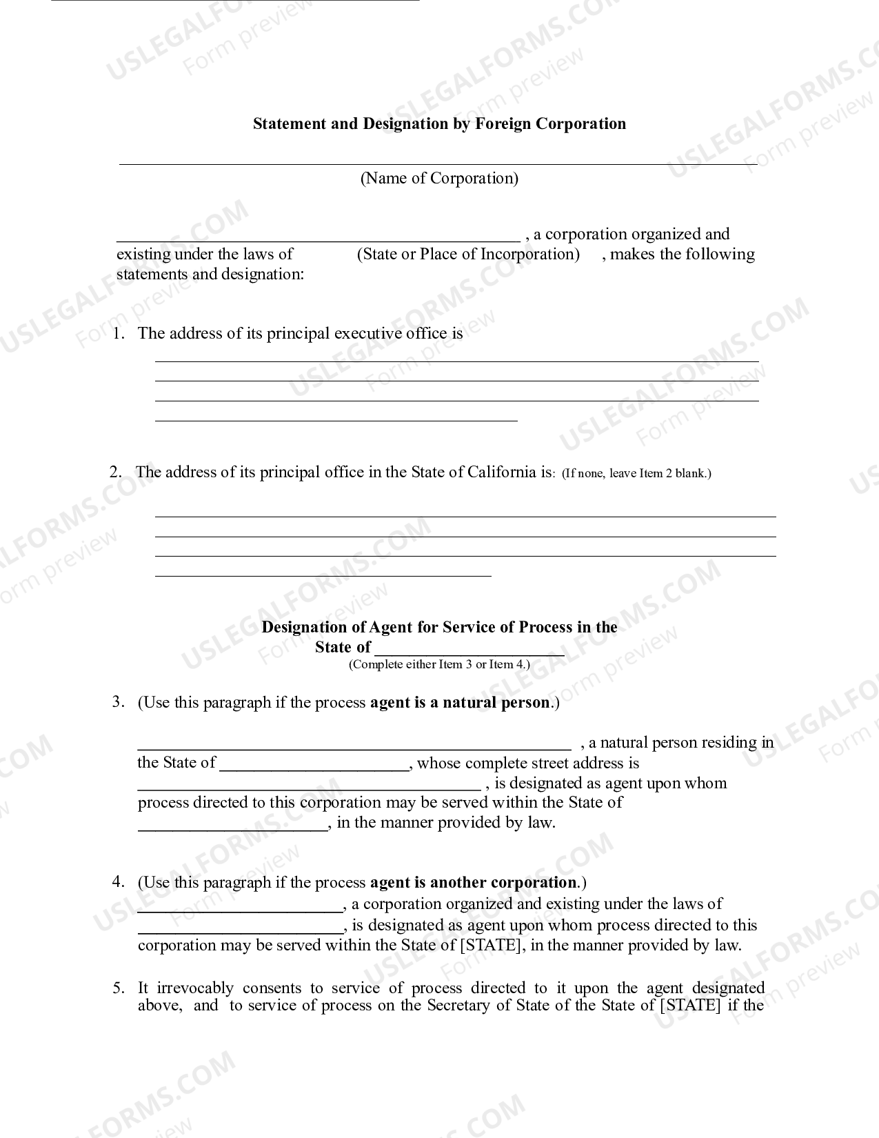 Statement and Designation by Foreign Corporation | US Legal Forms