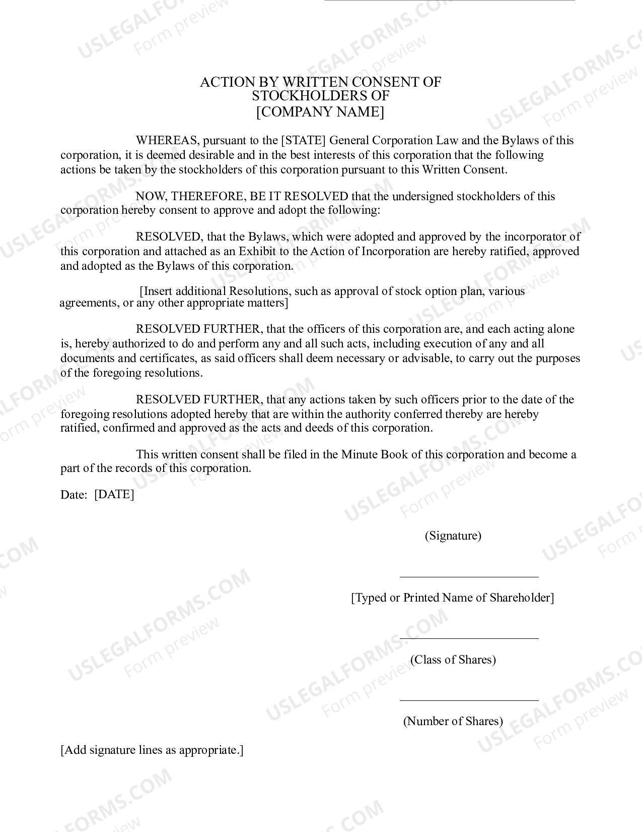 Action by Written Consent of Stockholders | US Legal Forms