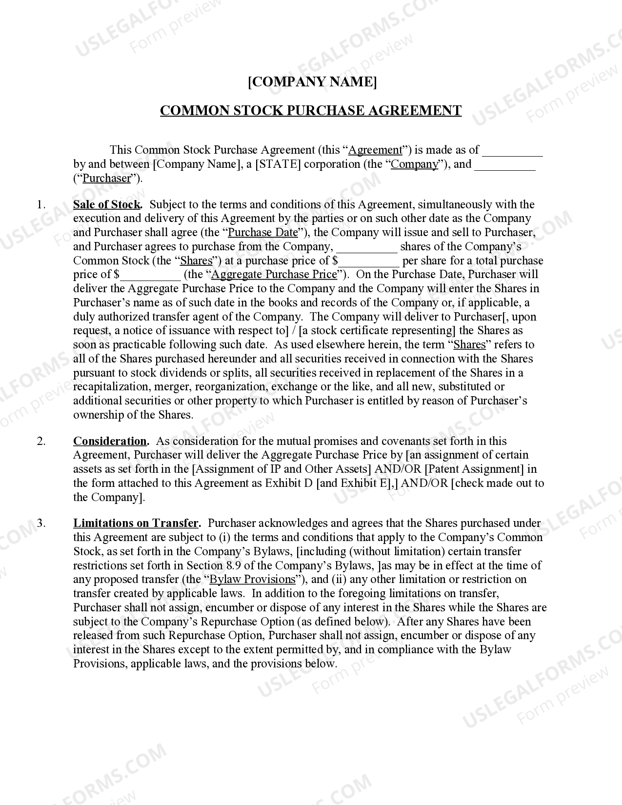 Common Stock Purchase Agreement with Vesting | US Legal Forms