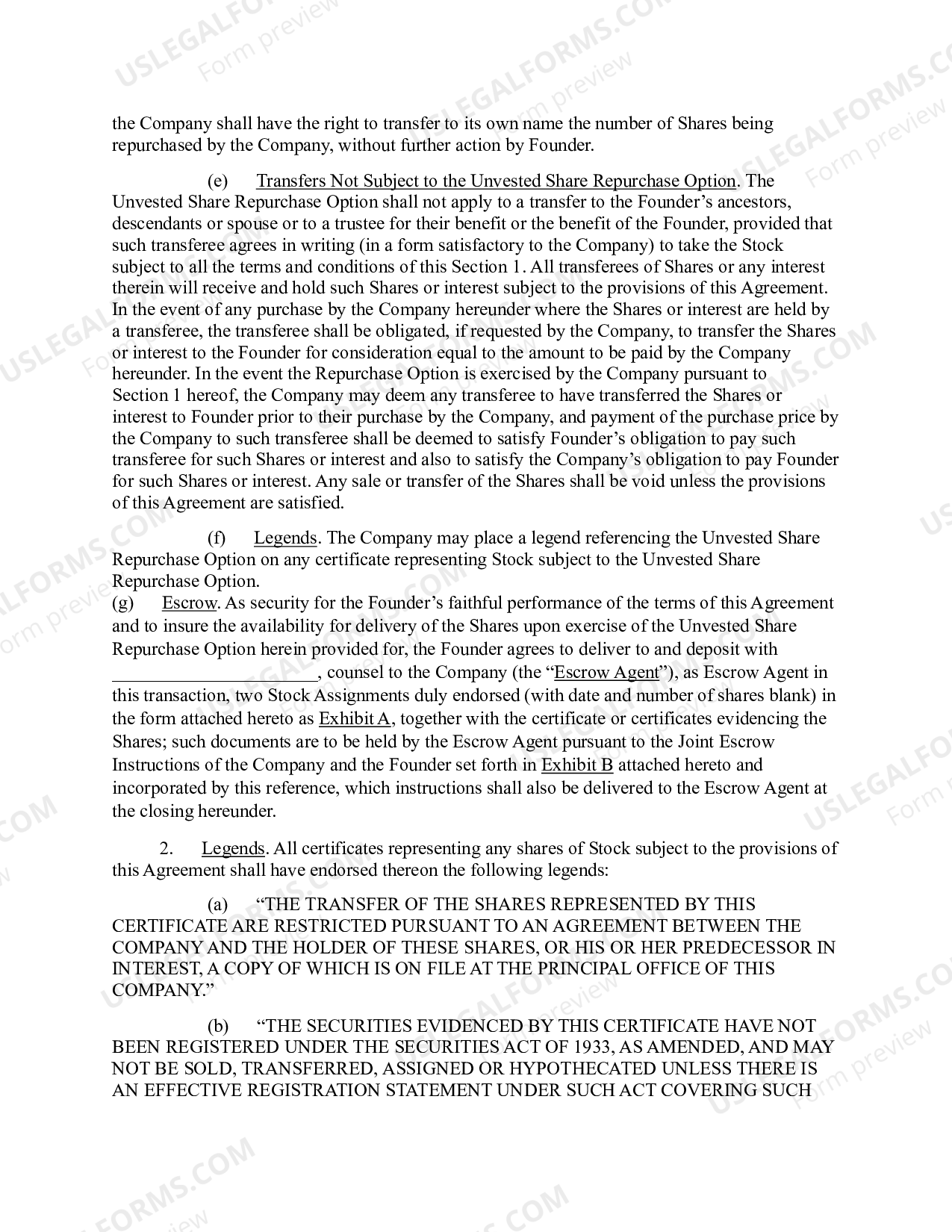 Founder's Vesting Agreement | US Legal Forms