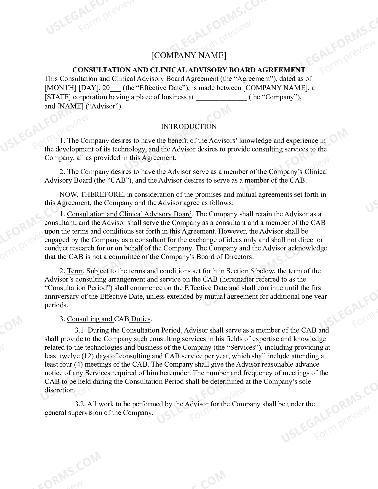 Consultation and Clinical Advisory Board Agreement | US Legal Forms