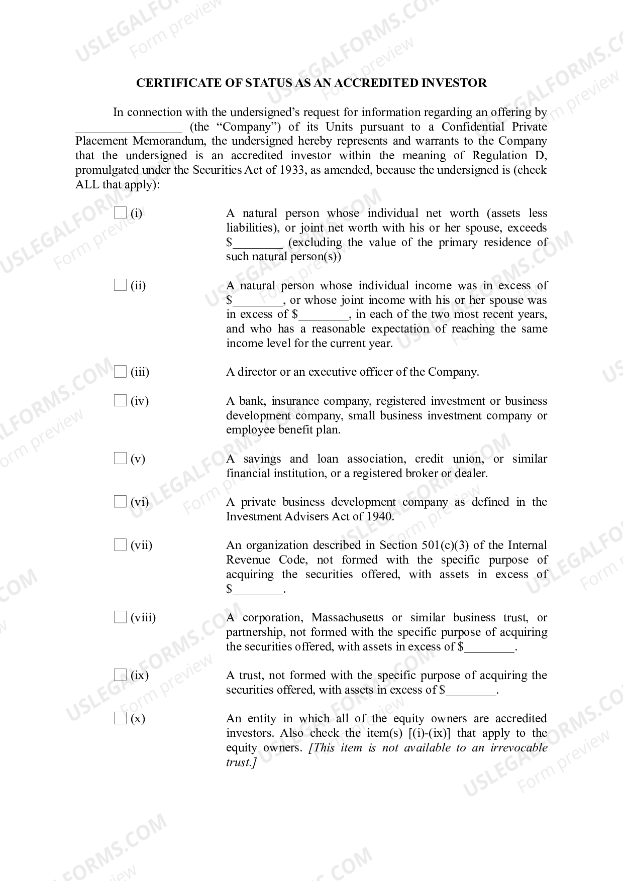 Checklist - Certificate of Status as an Accredited Investor | US Legal ...