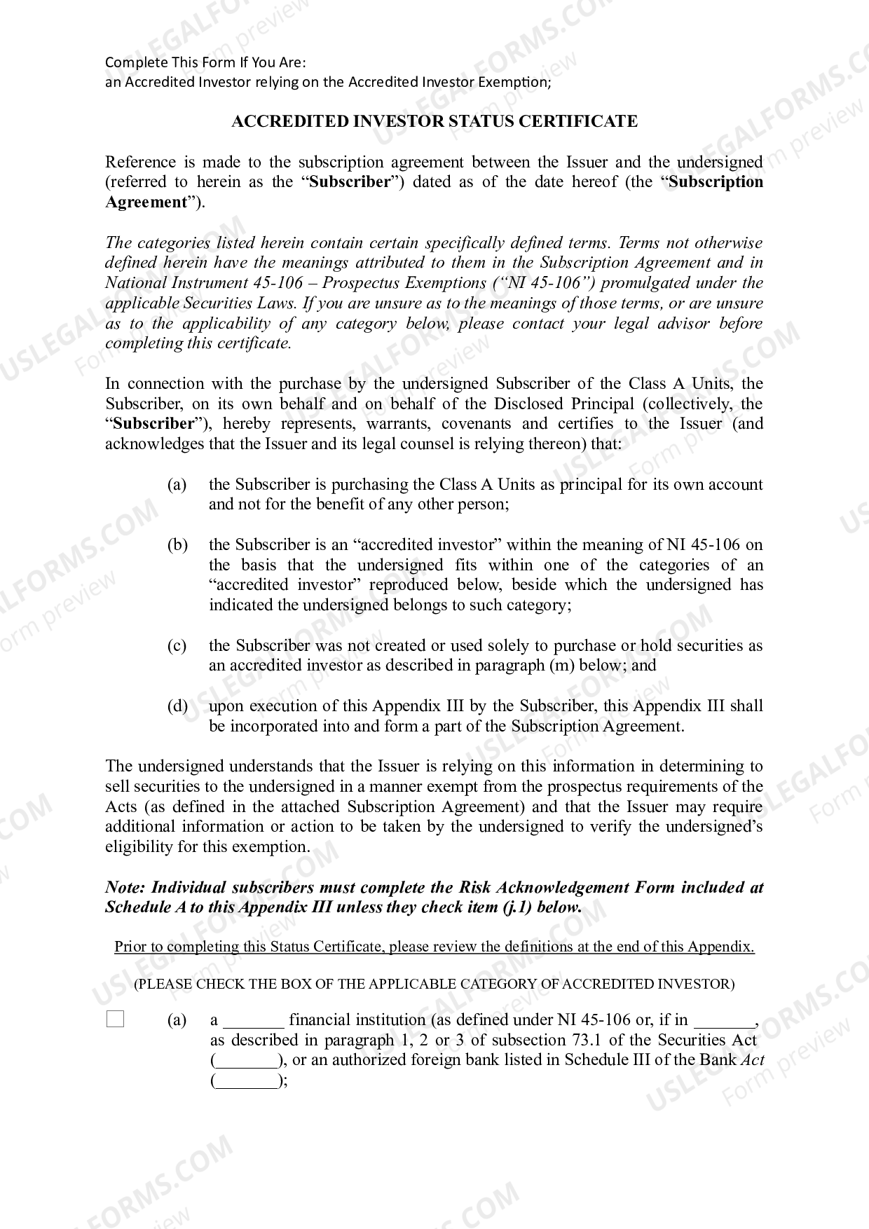 Accredited Investor Status Certificate | US Legal Forms