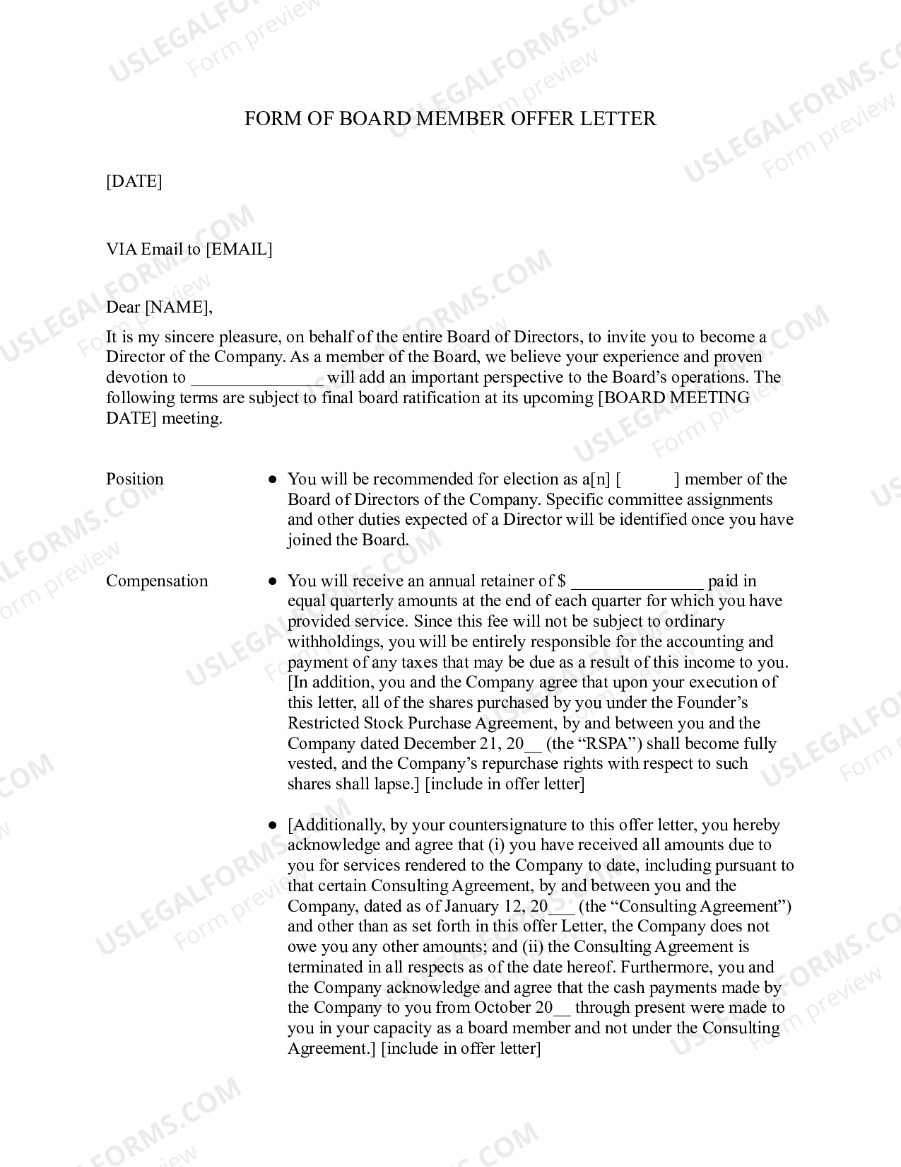 Board Member Offer Letter | US Legal Forms