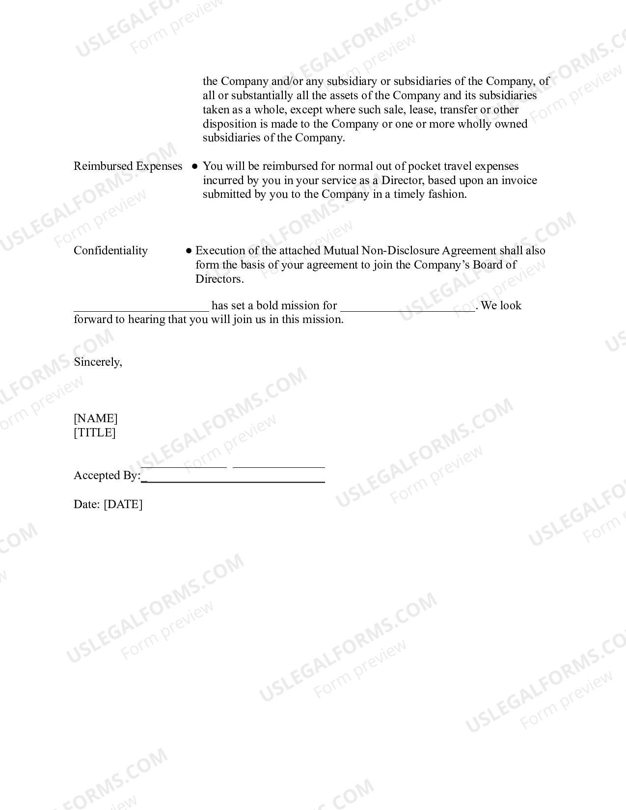 Board Member Offer Letter | US Legal Forms