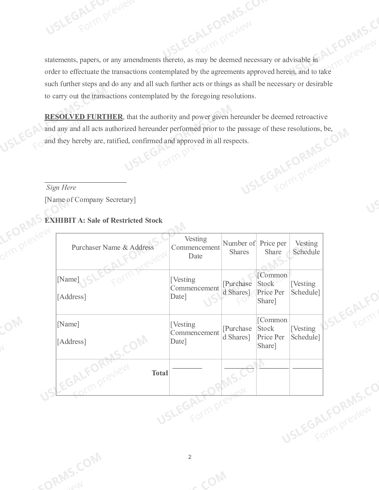 Board Resolution Approving Sale of Restricted Stock | US Legal Forms