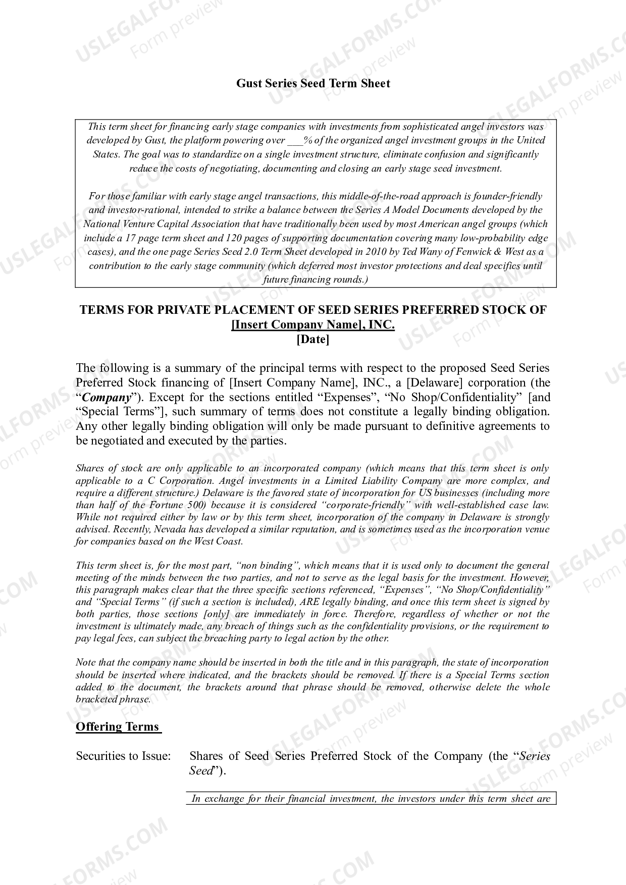 Gust Series Seed Term Sheet | US Legal Forms