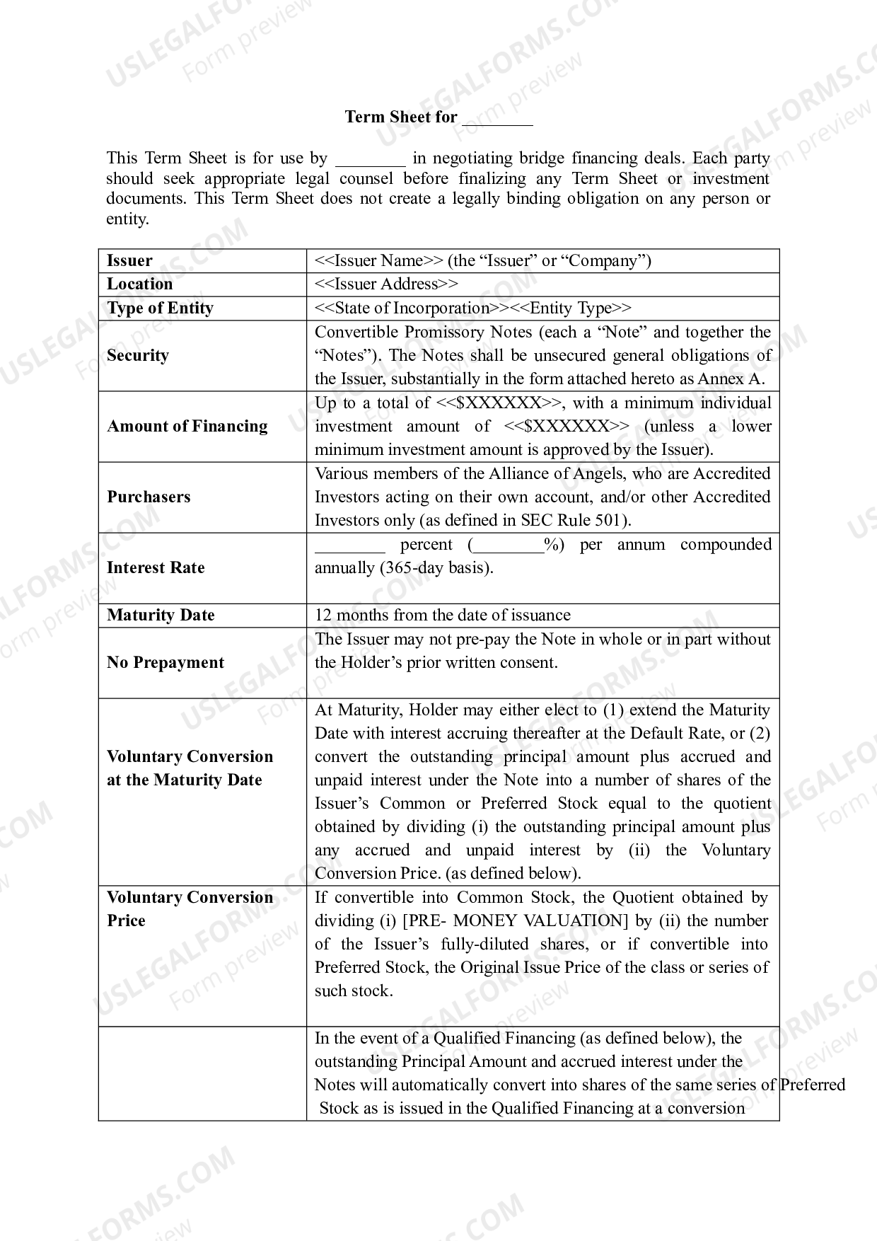 Angel Fund Promissory Note Term Sheet | US Legal Forms
