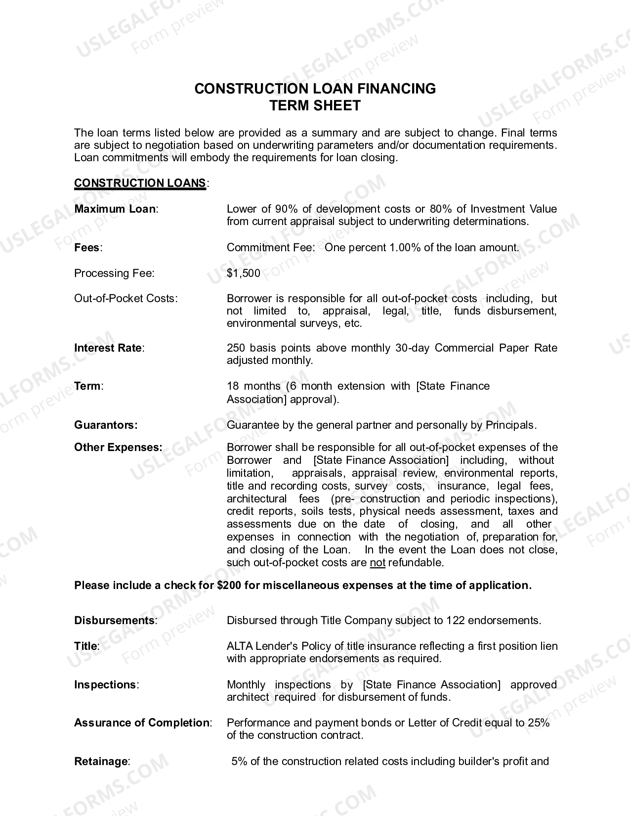 Construction Loan Financing Term Sheet | US Legal Forms