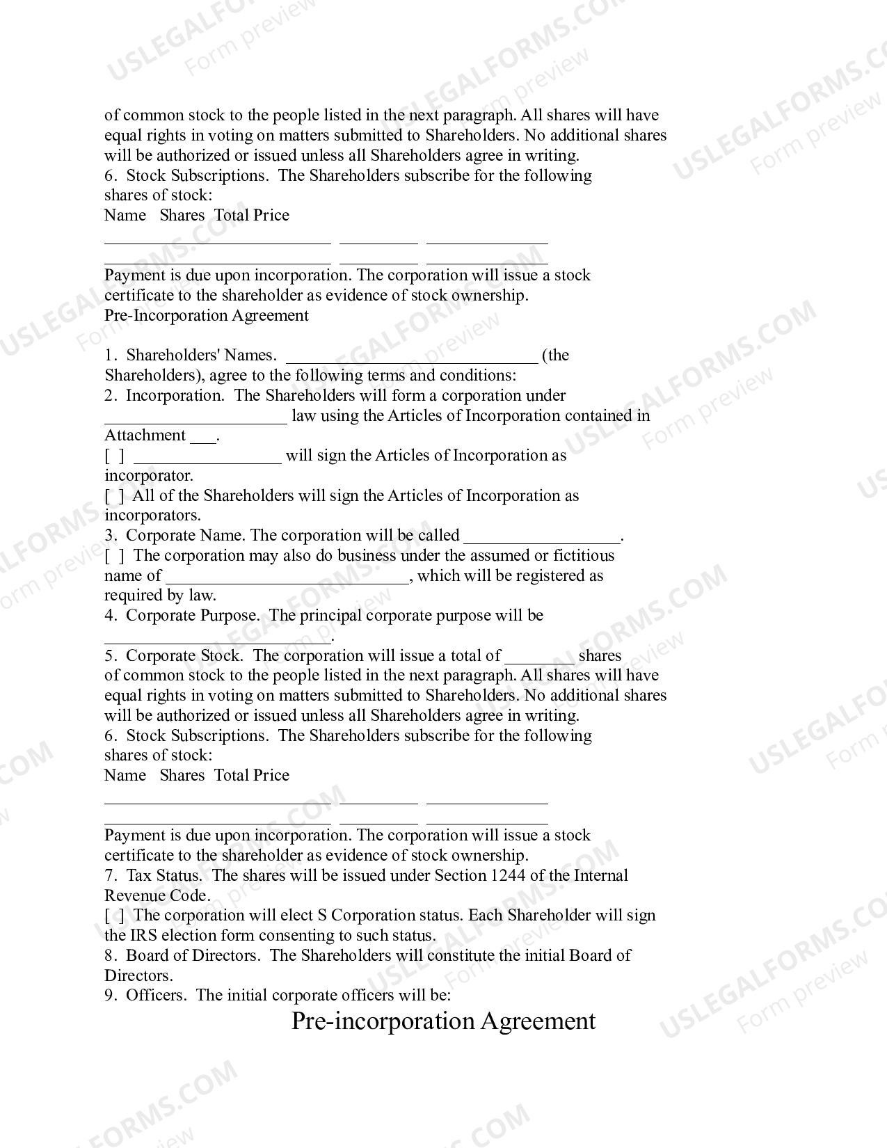 Pre Incorporation Agreement | US Legal Forms