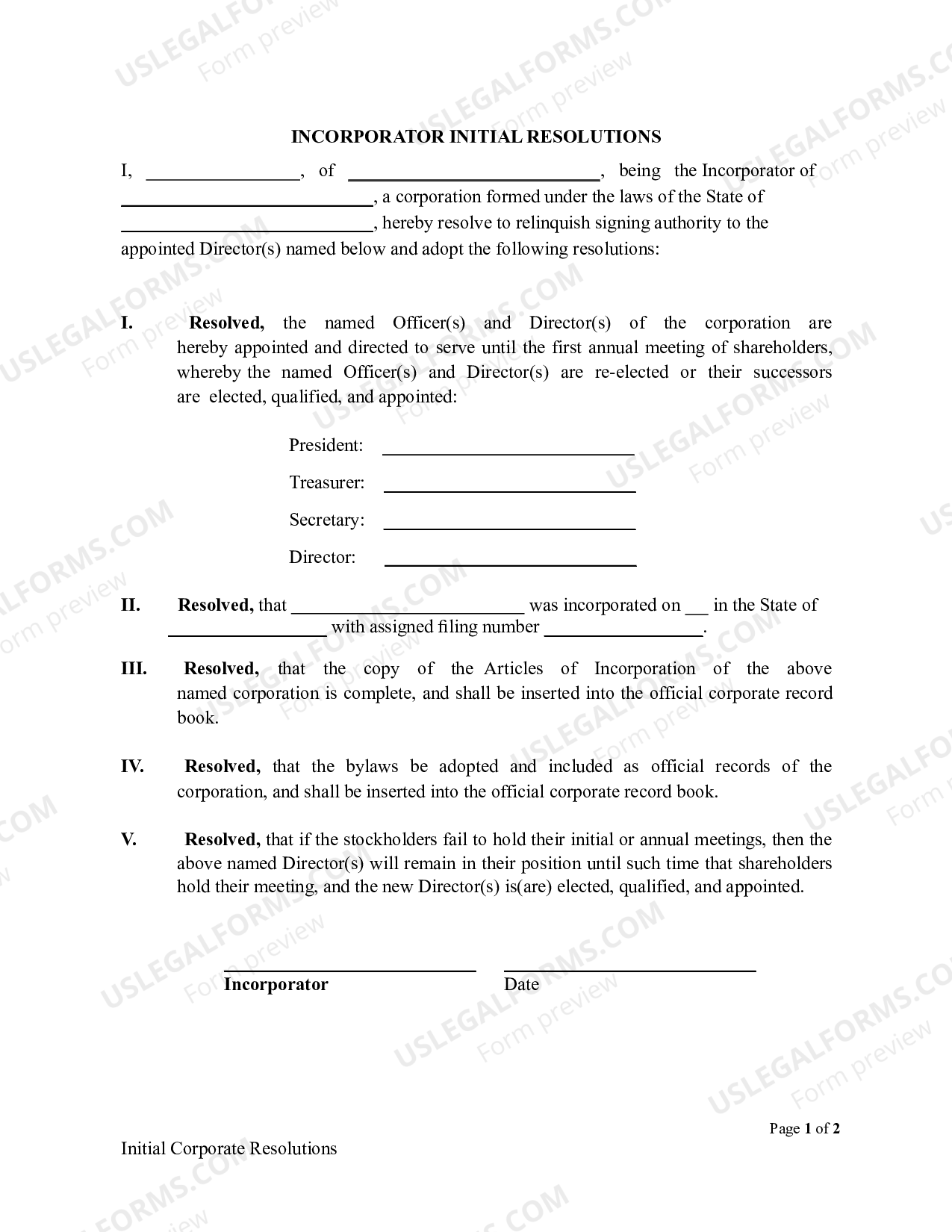 Initial Resolution Directors and Officers - Initial Resolutions | US ...