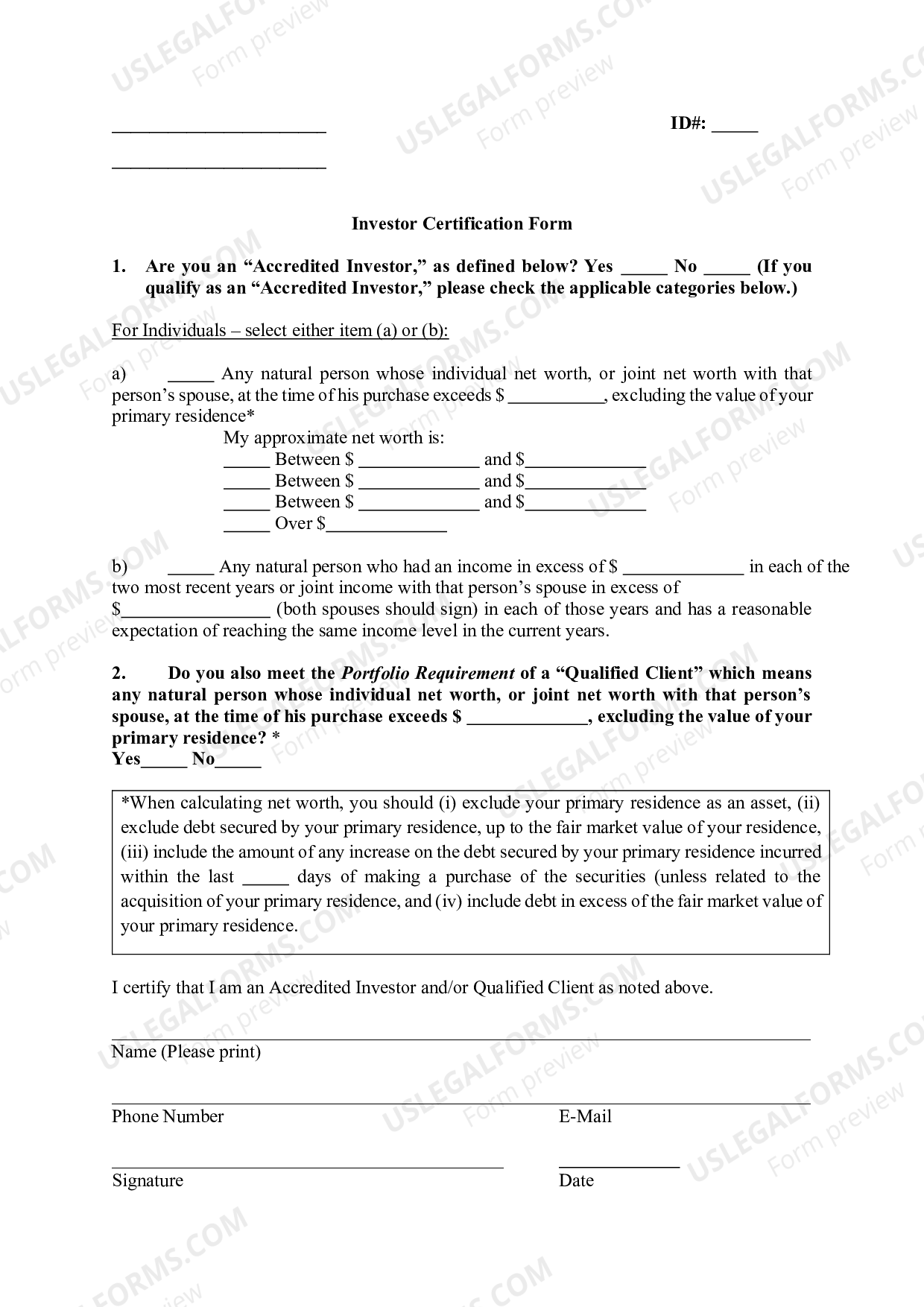 Investor Certification Form | US Legal Forms