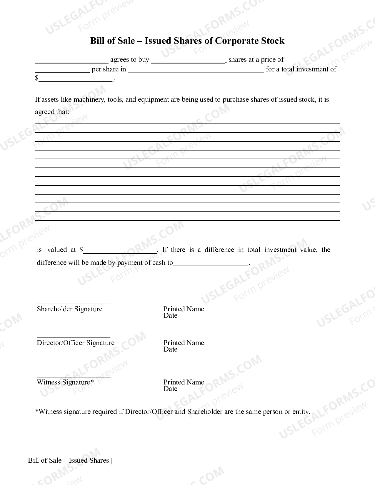 Bill of Sale Issued Shares | US Legal Forms
