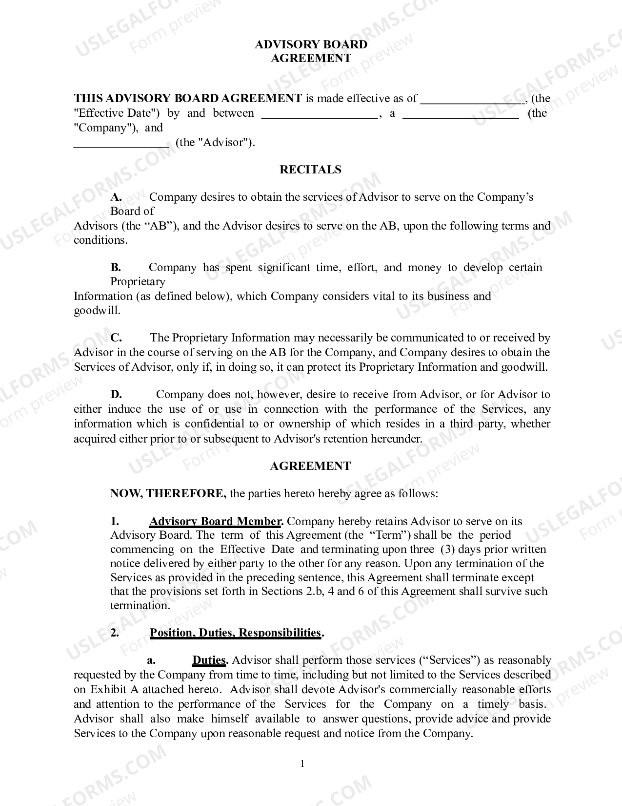 Advisory Board Agreement | US Legal Forms