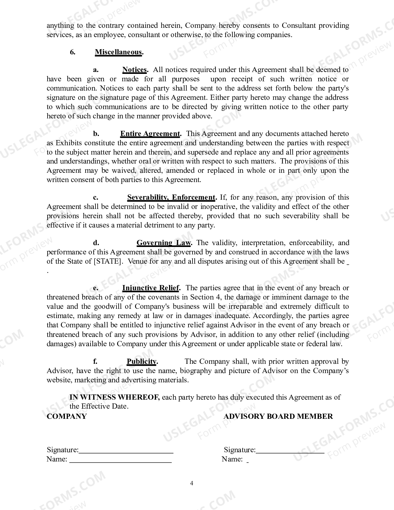 Advisory Board Agreement | US Legal Forms