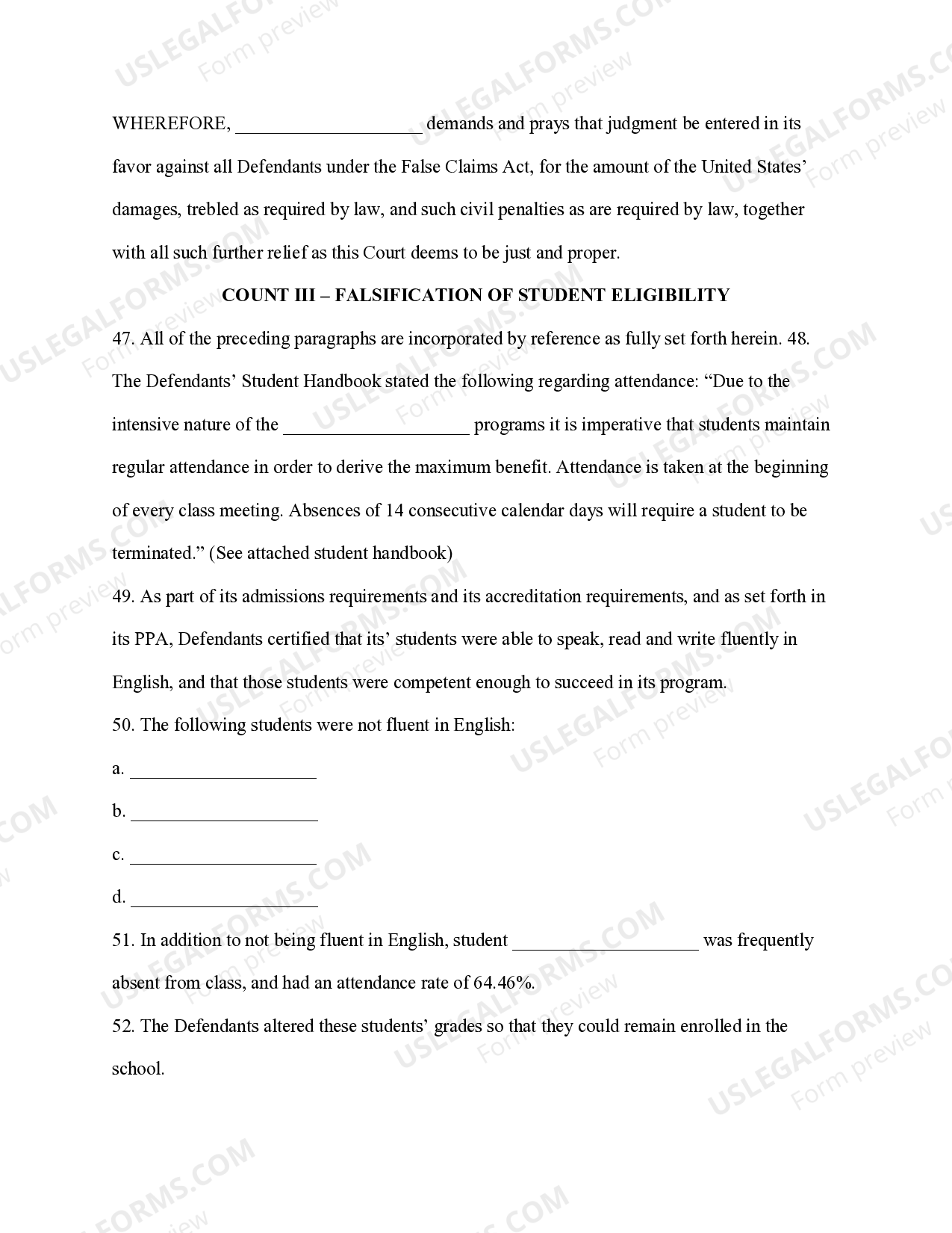 Sample Complaint under False Claims Act | US Legal Forms