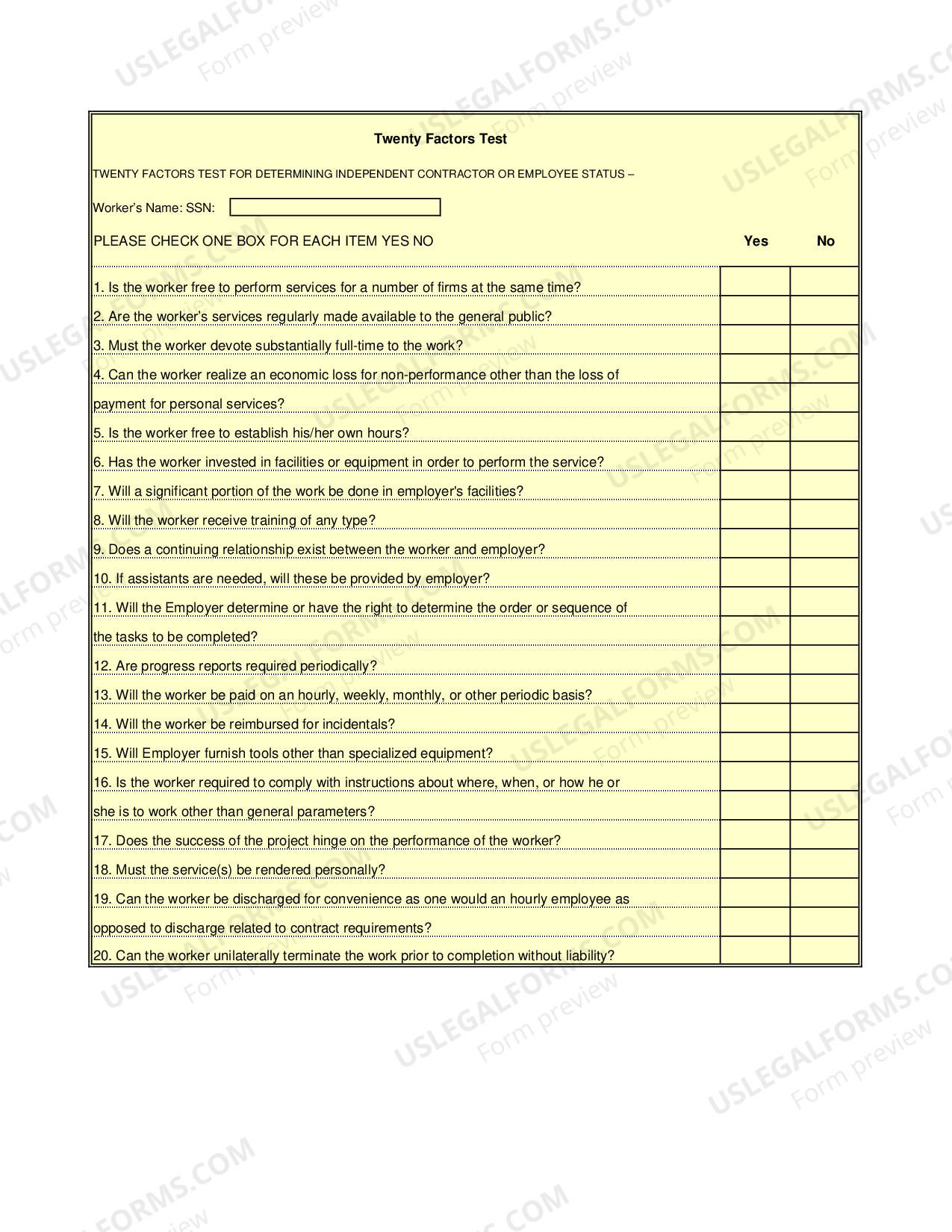 IRS 20 Quiz to Determine 1099 vs Employee Status | US Legal Forms