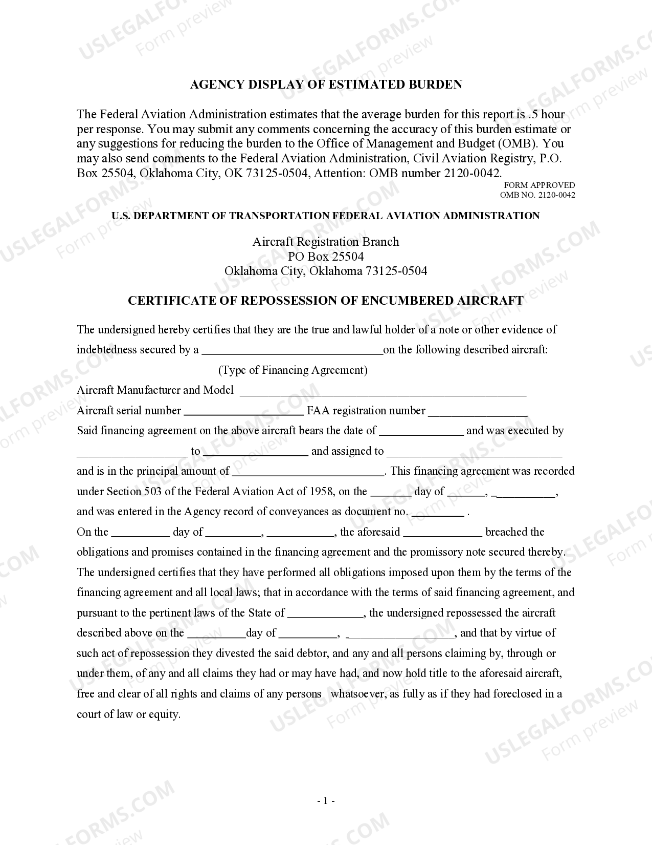 Certificate of Repossession of Encumbered Aircraft - Repossession | US ...