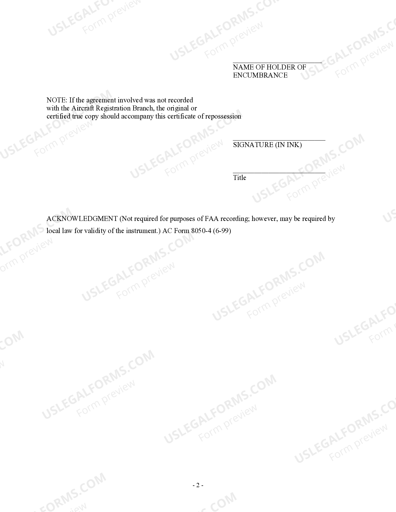 Certificate of Repossession of Encumbered Aircraft | US Legal Forms