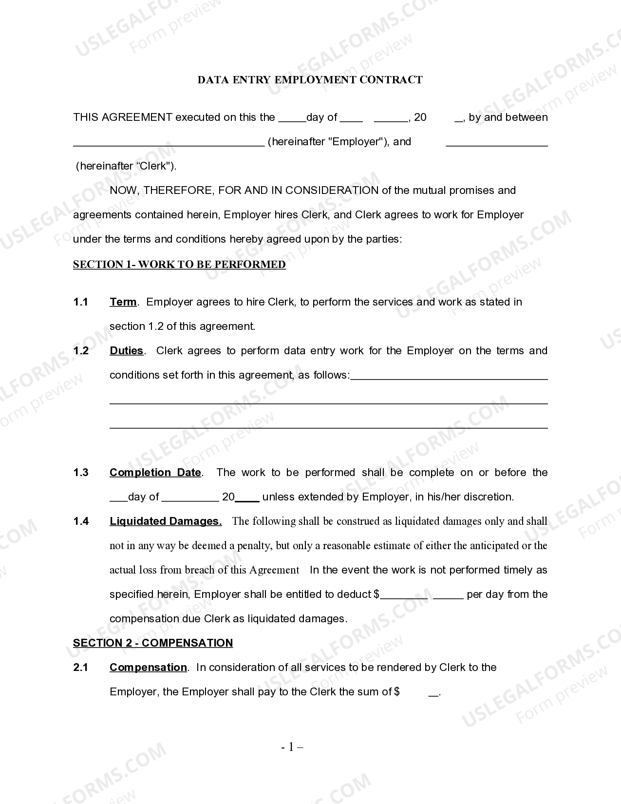 Arizona Data Entry Employment Contract - Self - Employment Contractor ...