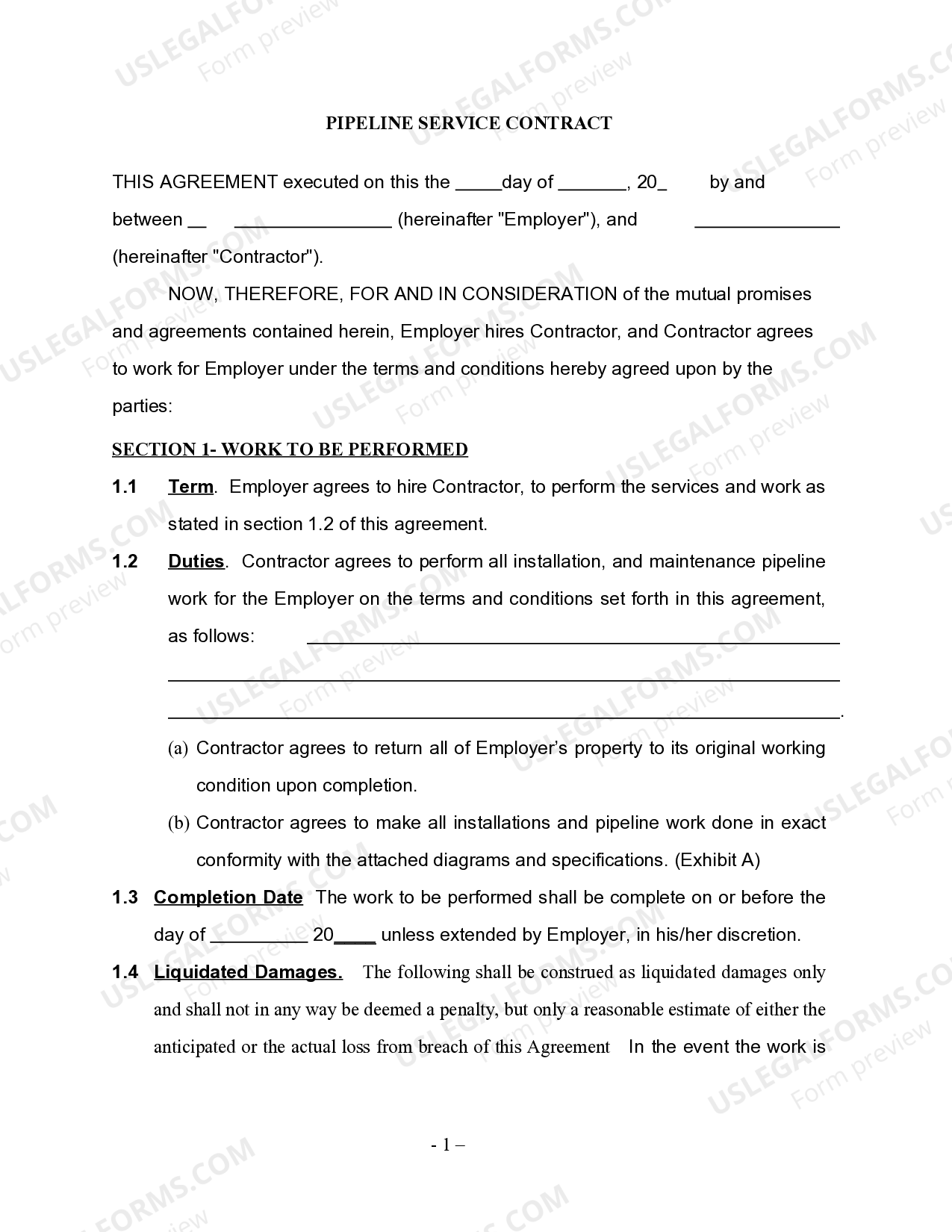 Oklahoma Pipeline Service Contract - Self-Employed | US Legal Forms