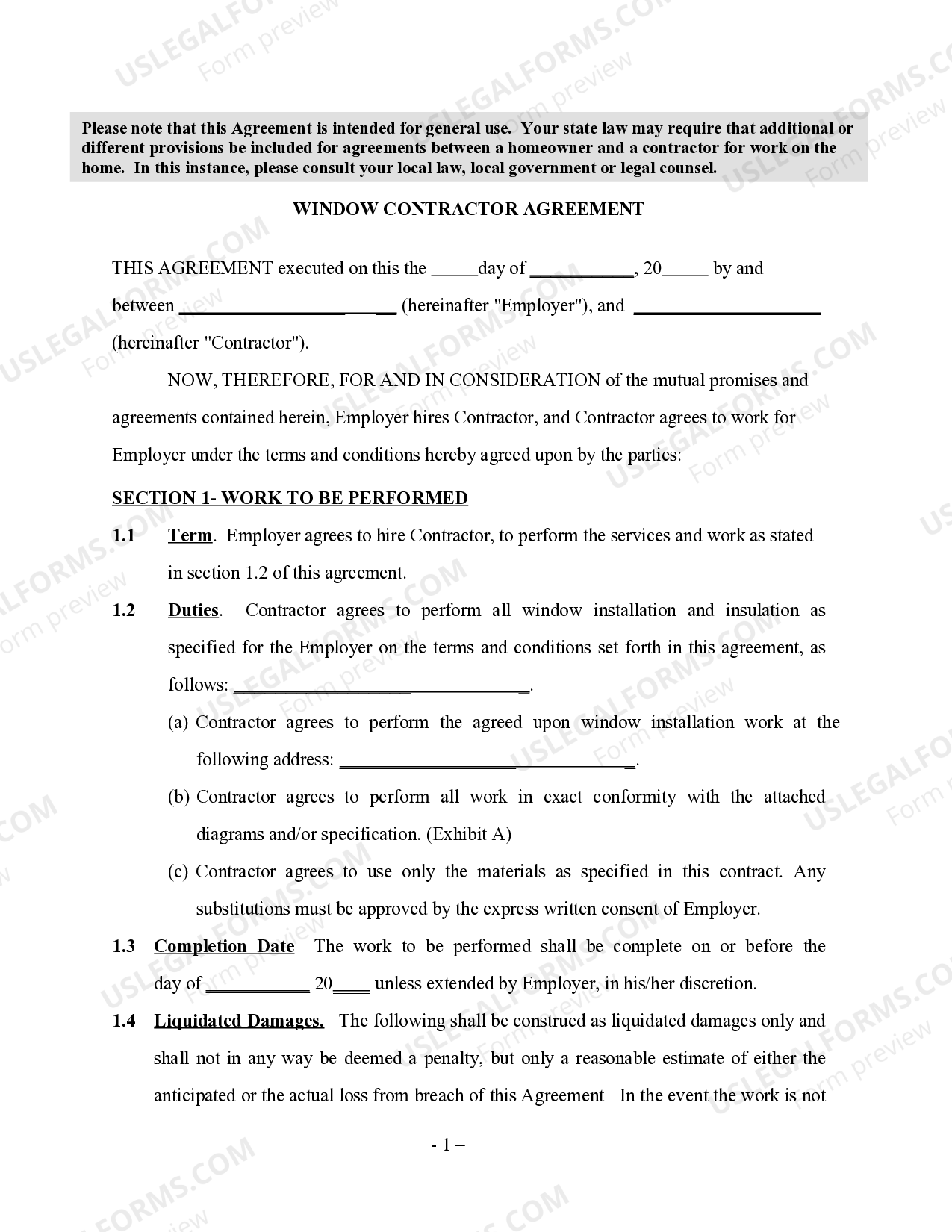 Mississippi Window Contractor Agreement - Self-Employed | US Legal Forms