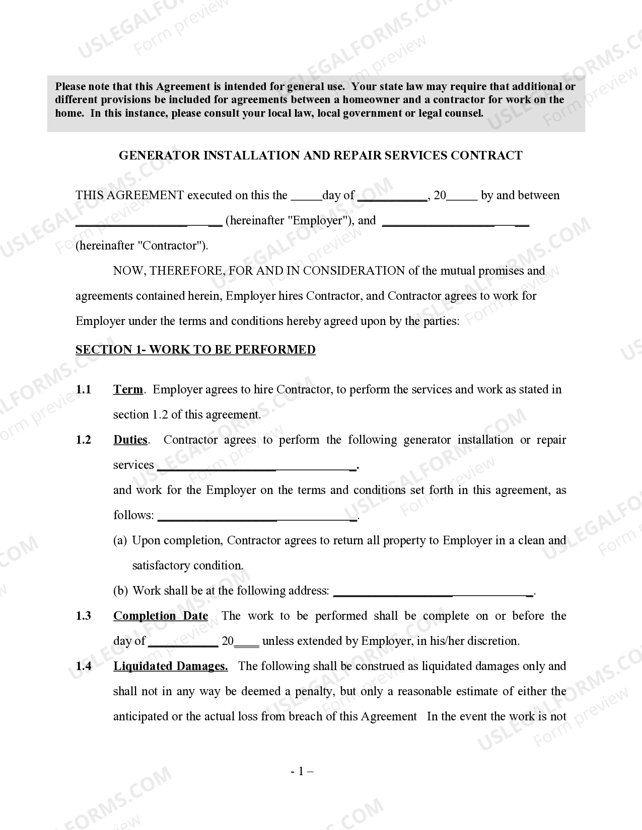 Rhode Island Generator Installation And Repair Services Contract - Self ...