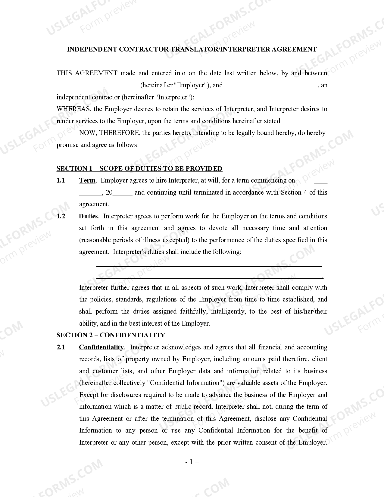 Translator And Interpreter Agreement - Self - Interpreter Contract ...