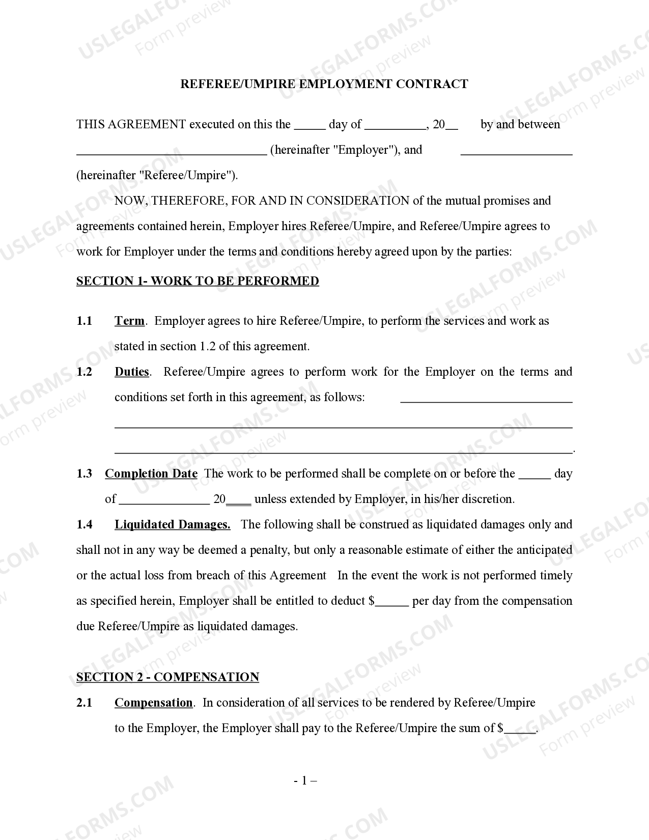 Florida Self-Employed Referee Or Umpire Employment Contract - Referee ...