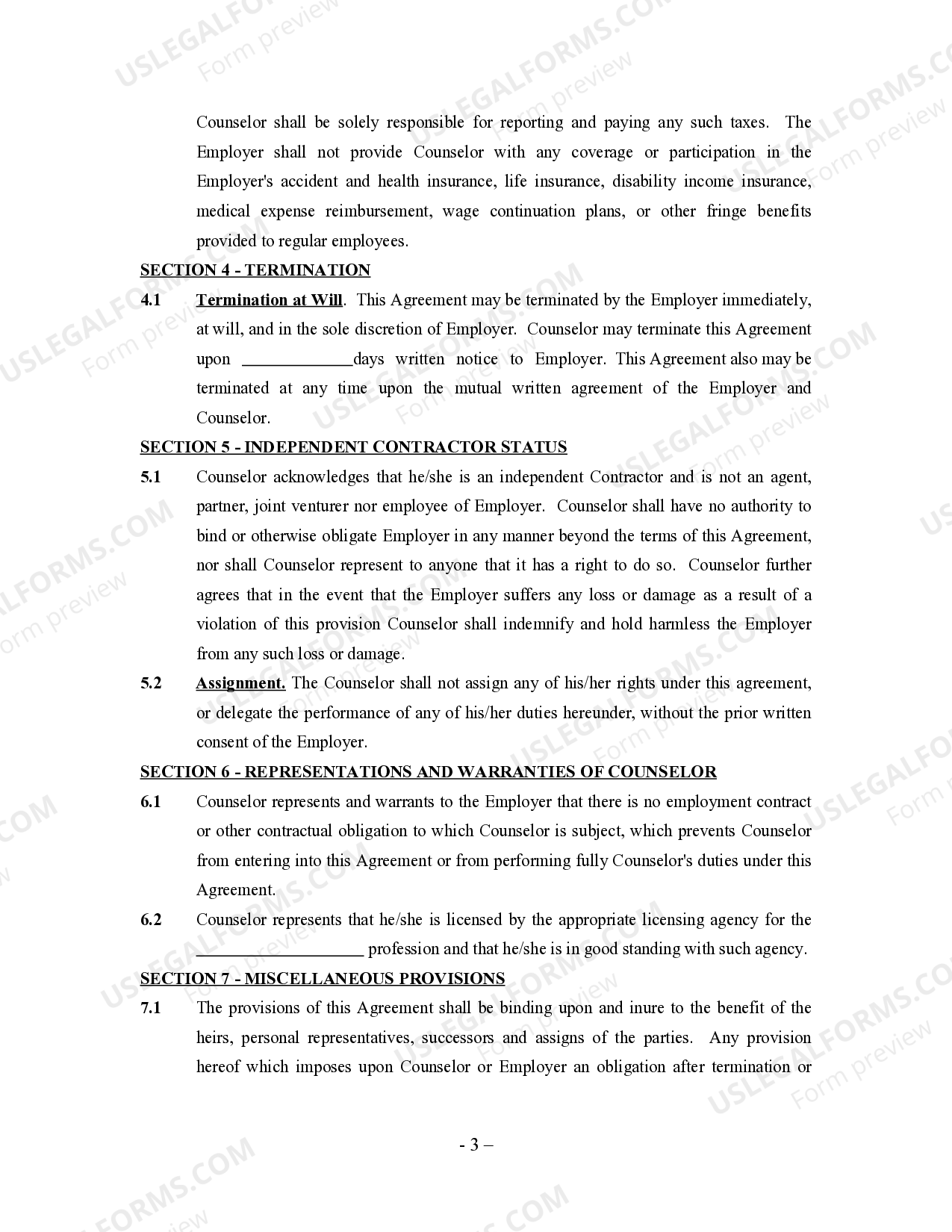 Counselor Agreement - Self-Employed Independent Contractor - Therapist ...