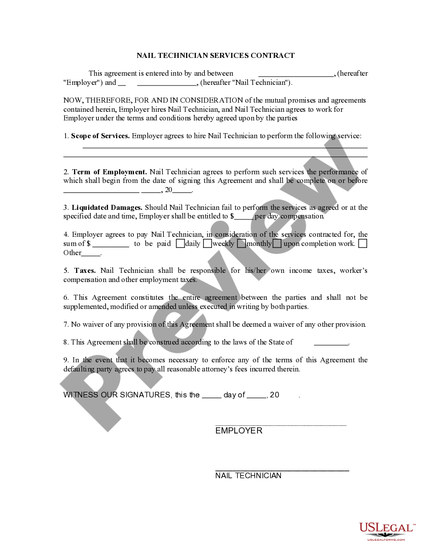 Arizona Self Employed Nail Technician Services Contract Nail Tech 