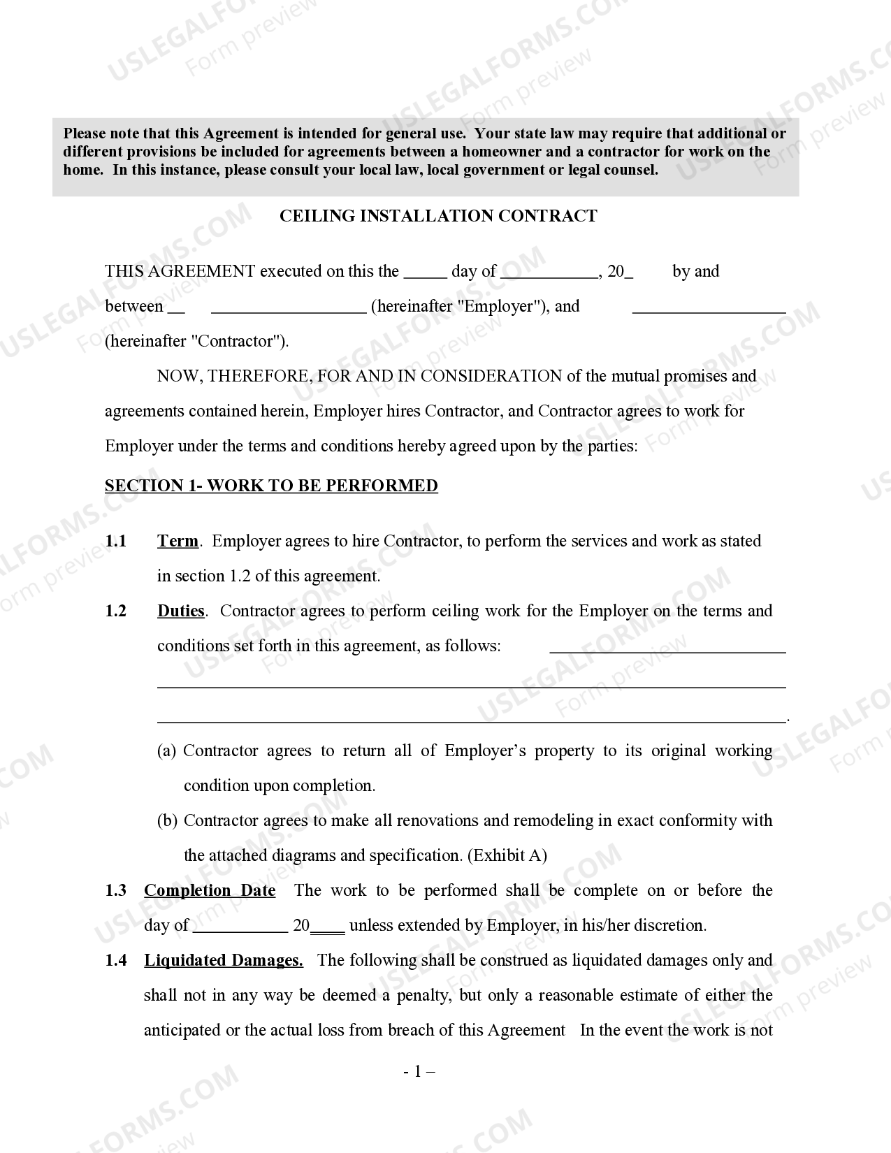 Massachusetts Self-Employed Ceiling Installation Contract | US Legal Forms
