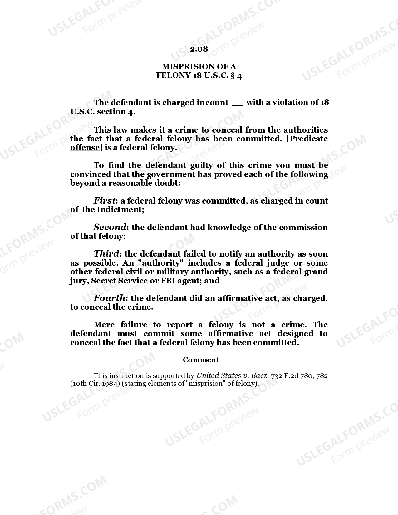 MISPRISION OF A FELONY / 18 U.S.C. Sec. 4 | US Legal Forms