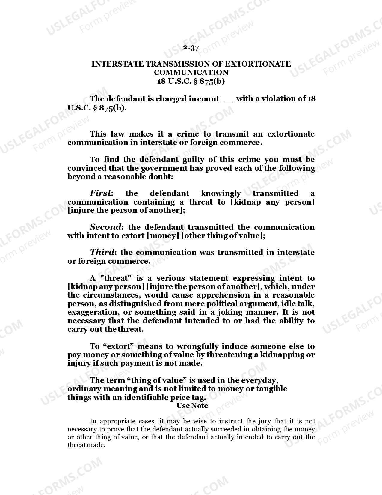 2.37 INTERSTATE TRANSMISSION OF EXTORTIONATE COMMUNICATION / 18 U.S.C ...