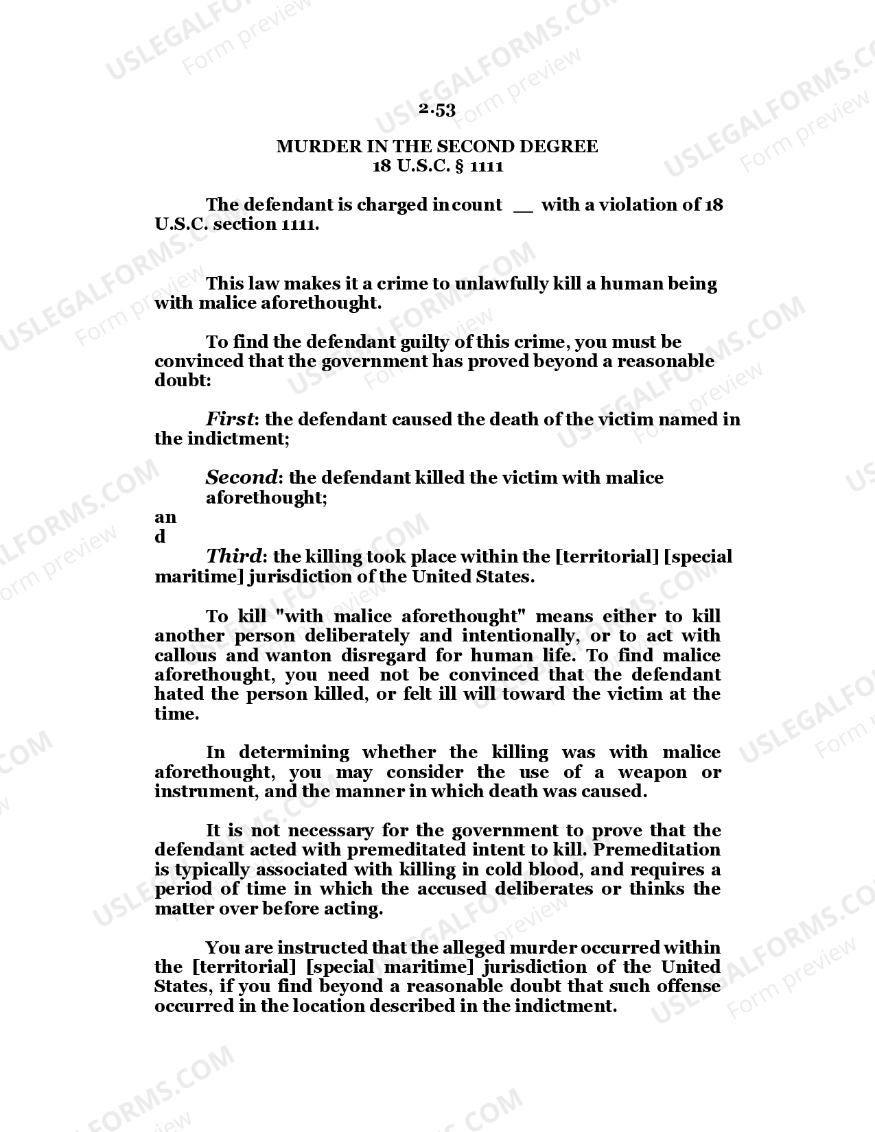 MURDER IN THE SECOND DEGREE /18 U.S.C. Sec. 1111 | US Legal Forms