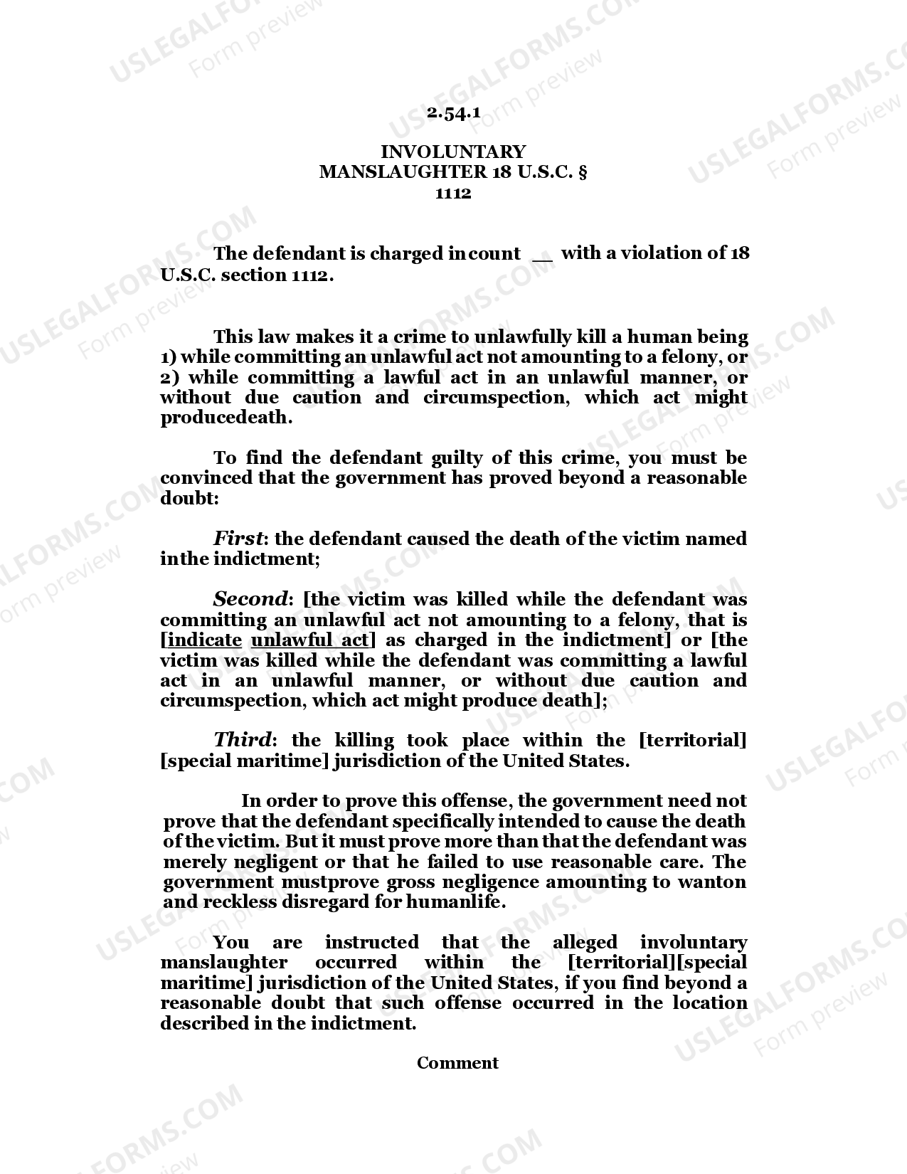 INVOLUNTARY MANSLAUGHTER / 18 U.S.C. Sec. 1112 | US Legal Forms