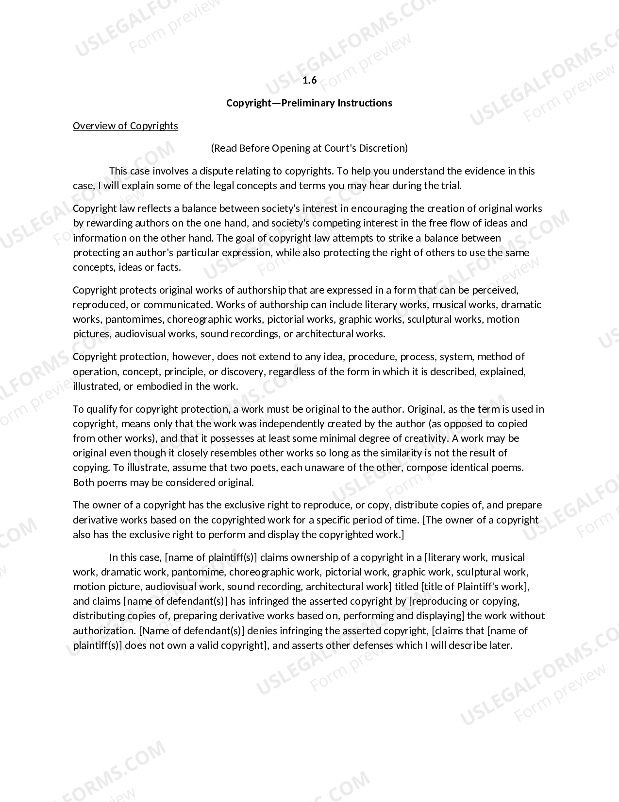 Copyright-Preliminary Instructions | US Legal Forms