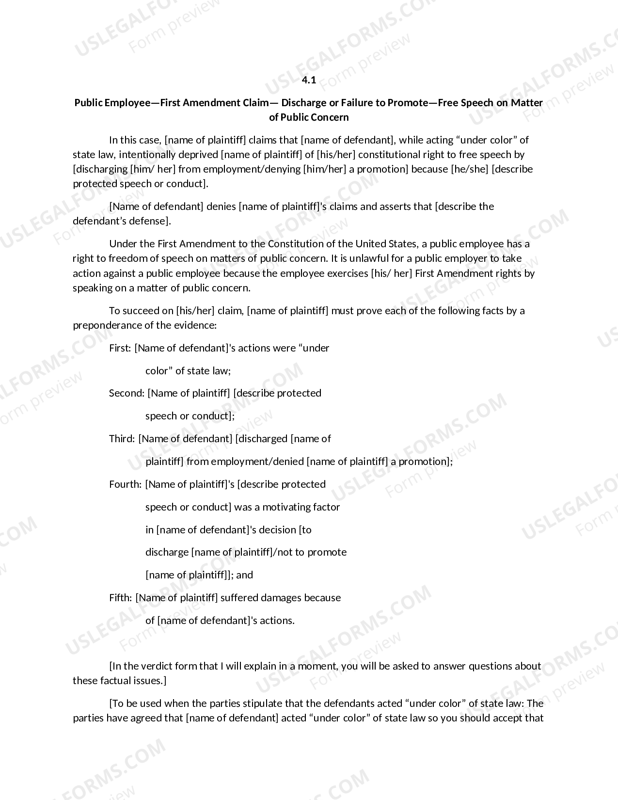 Public Employee-First Amendment Claim- Discharge or Failure to Promote ...