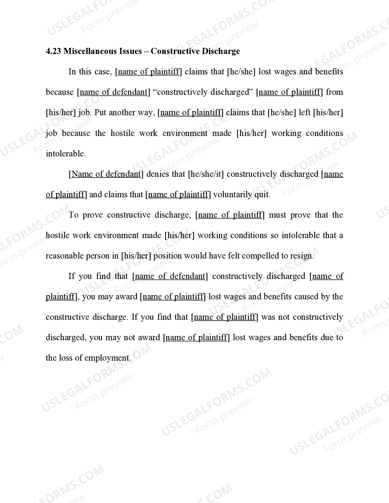 Miscellaneous Issues - Constructive Discharge | US Legal Forms