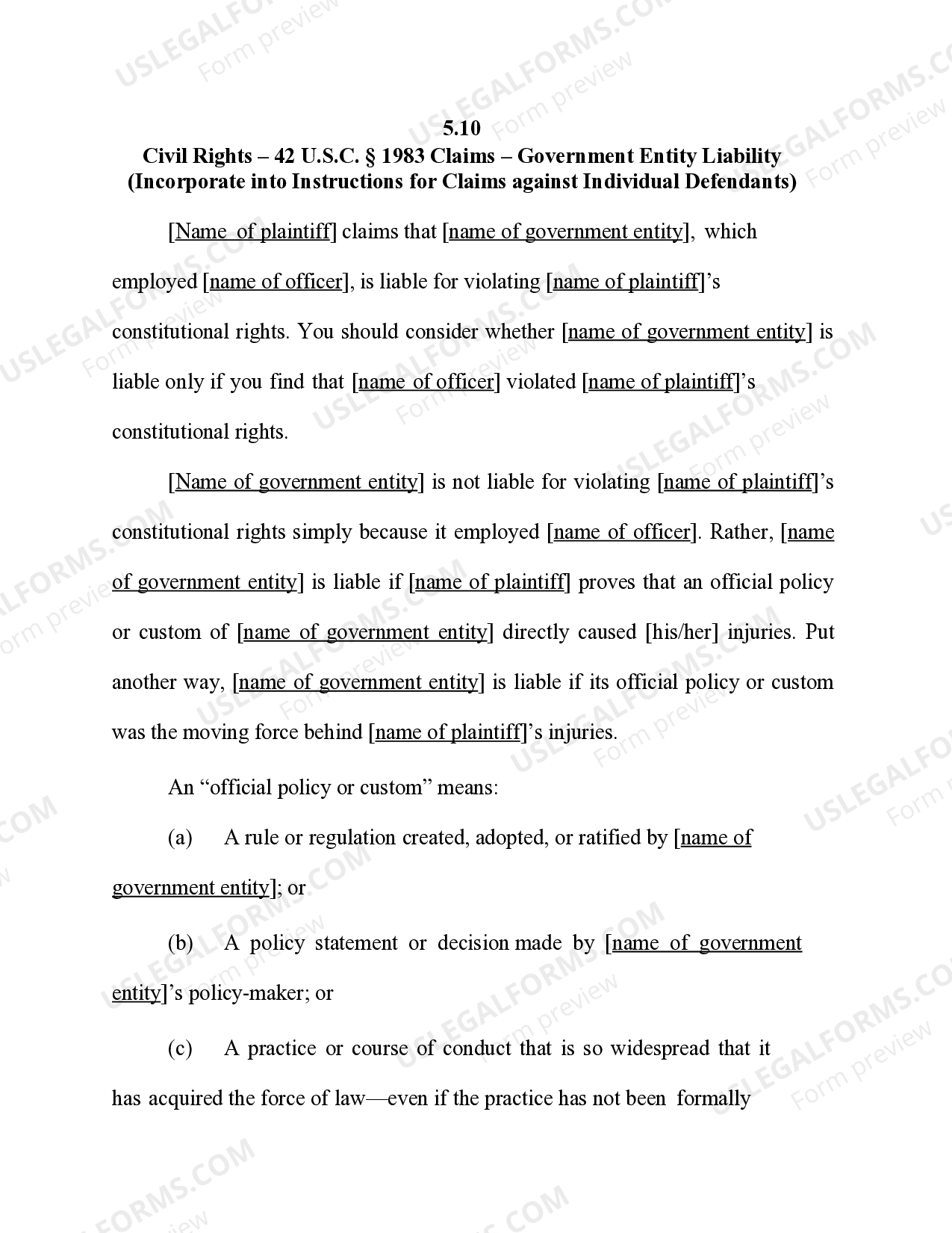 Civil Rights - 42 U.S.C. Sec. 1983 Claims - Government Entity Liability ...