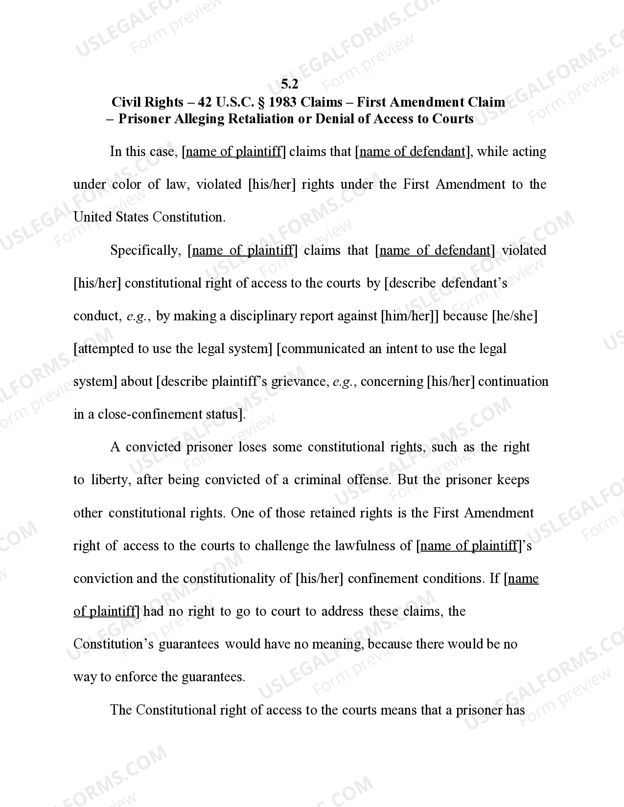 Civil Rights - 42 U.S.C. Sec. 1983 Claims - First Amendment Claim ...