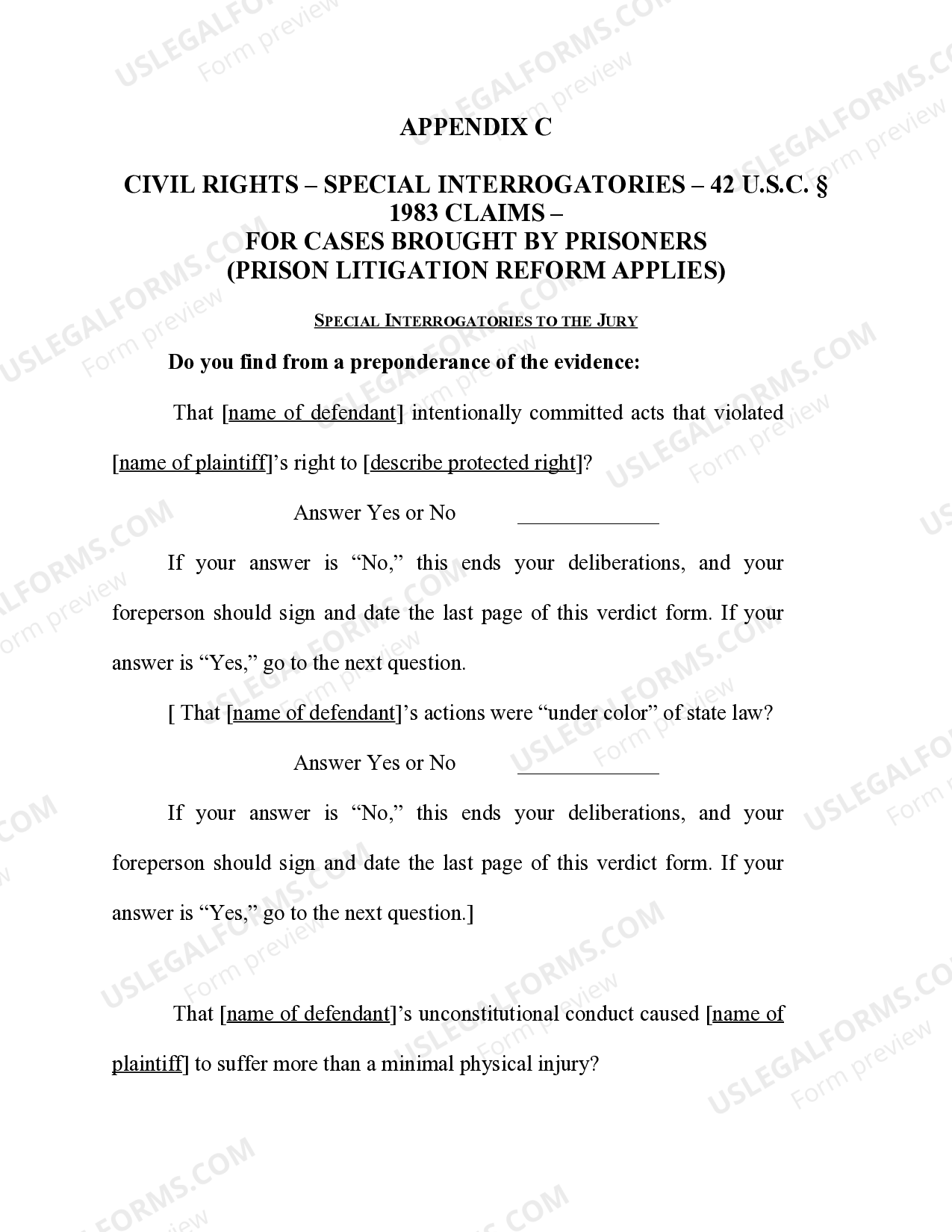 APPENDIX C CIVIL RIGHTS - SPECIAL INTERROGATORIES - 42 U.S.C. Sec. 1983 ...
