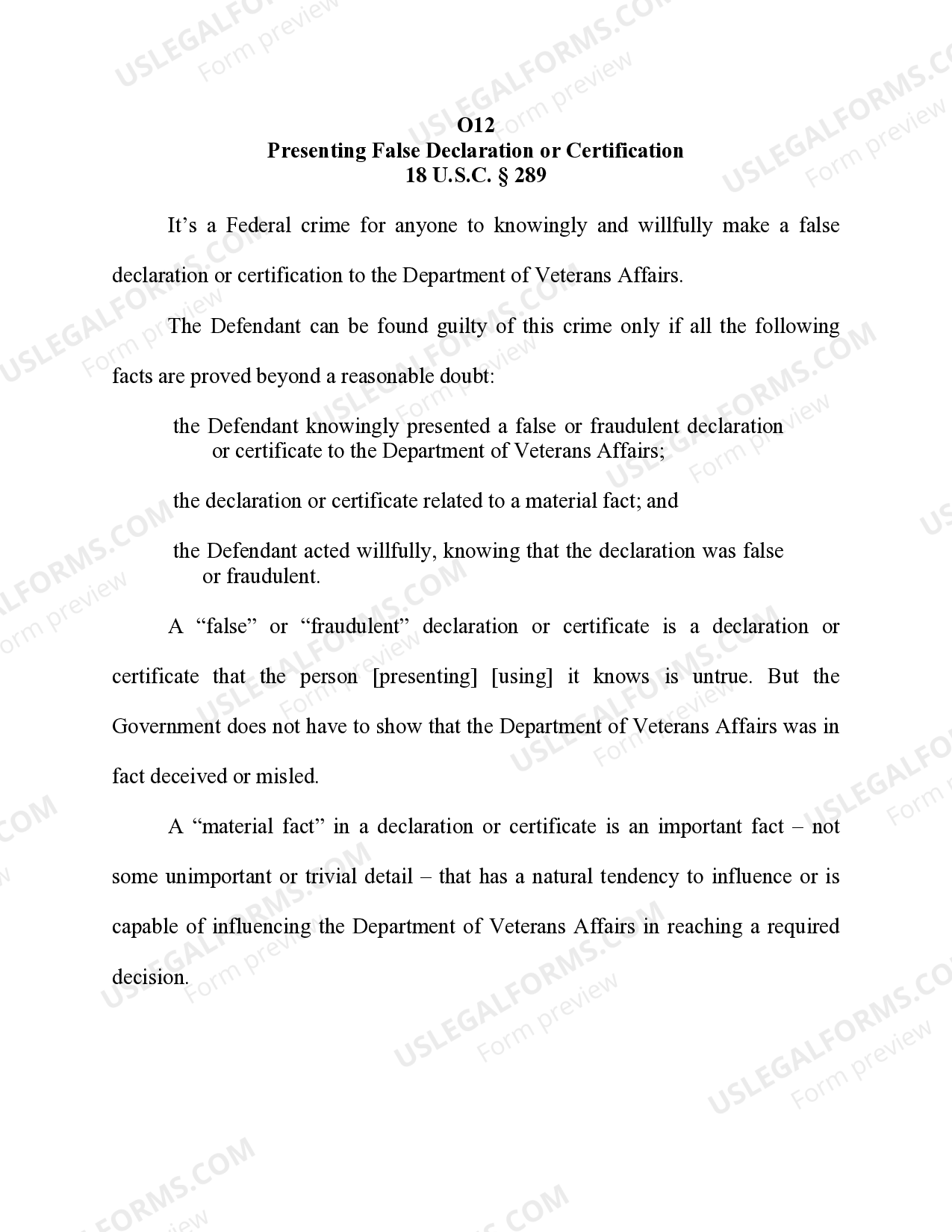 Presenting False Declaration or Certification | US Legal Forms