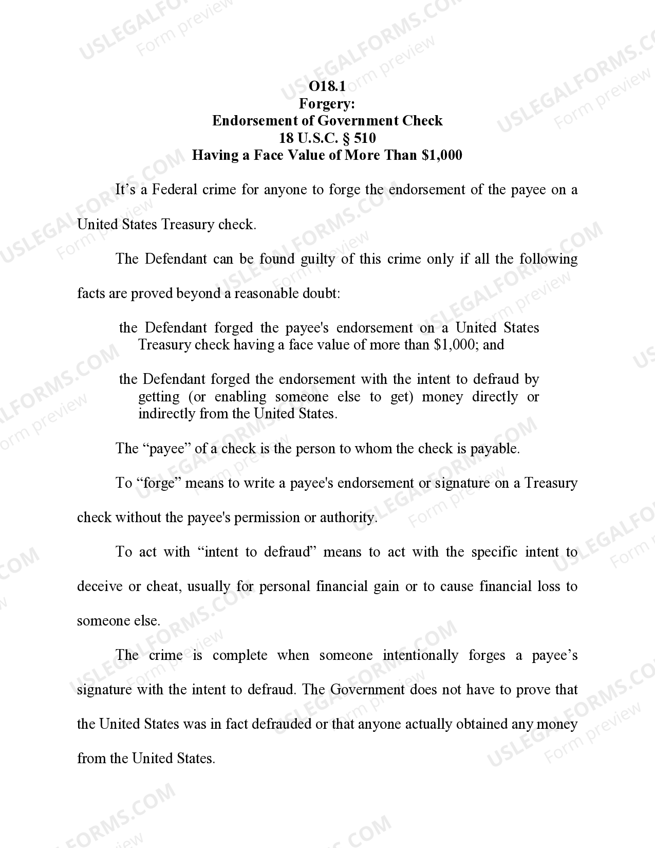 Forgery: Endorsement of Government Check 18 U.S.C. Sec. 510(a)(1) | US ...