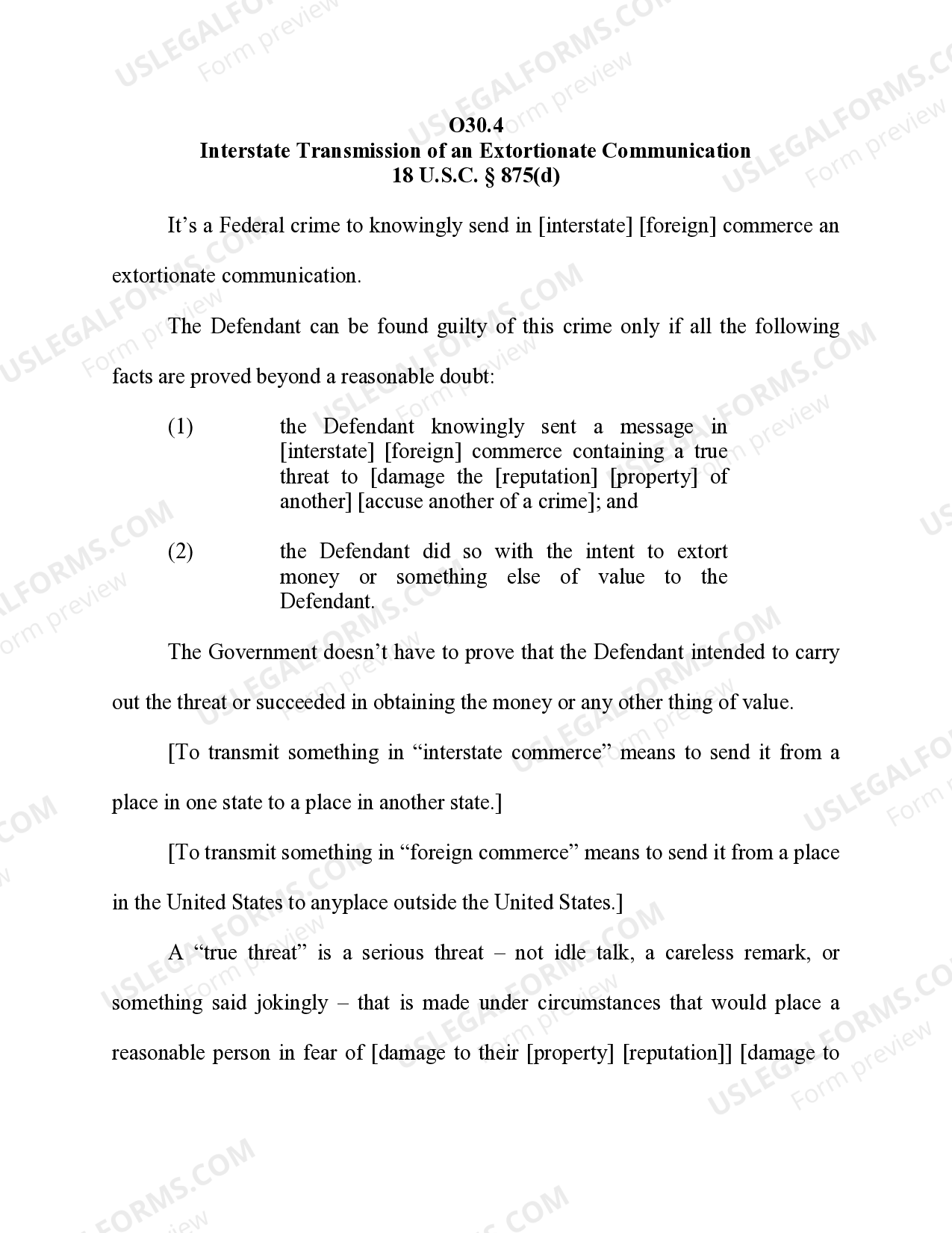 Interstate Transmission of an Extortionate Communication | US Legal Forms